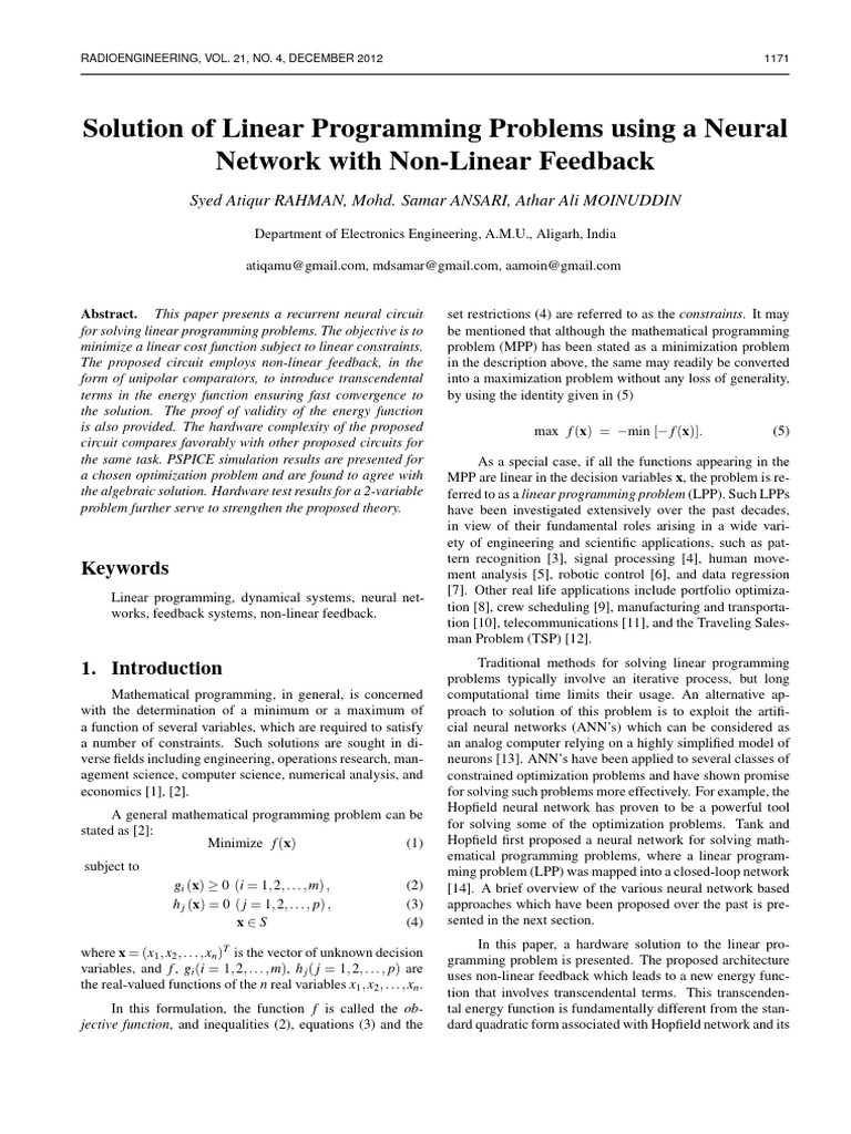 Solution of Linear Programming Problems Using A Neural Network With Non ...