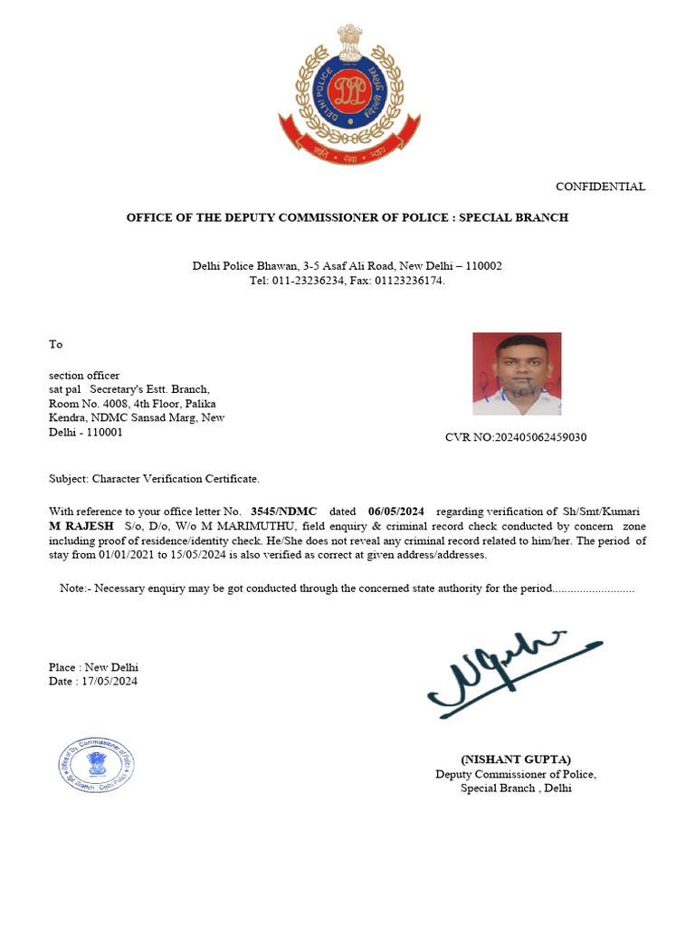 Character Verification Certificate Issued | PDF