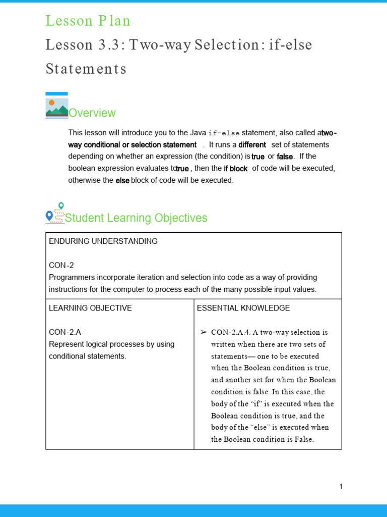 Unit 3 Lesson 03 Two Way Selection If Else Statements Lesson Plan Pdf Boolean Data Type