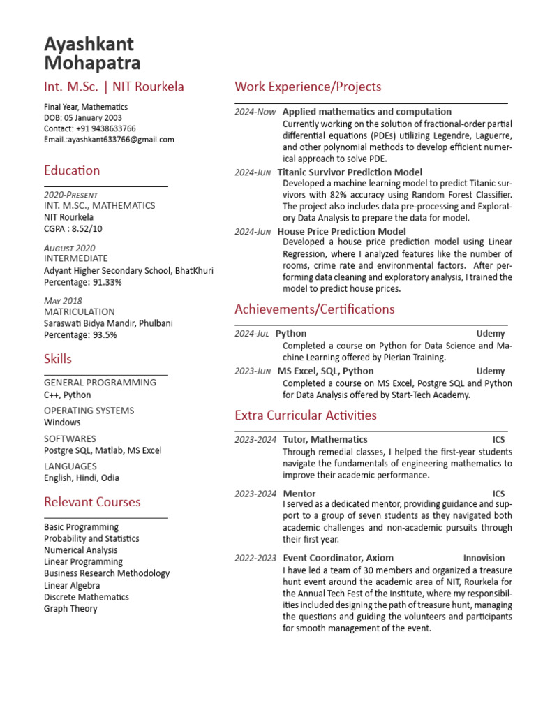 My CV 1 Page For Kolkata | PDF | Mathematics | Partial Differential ...