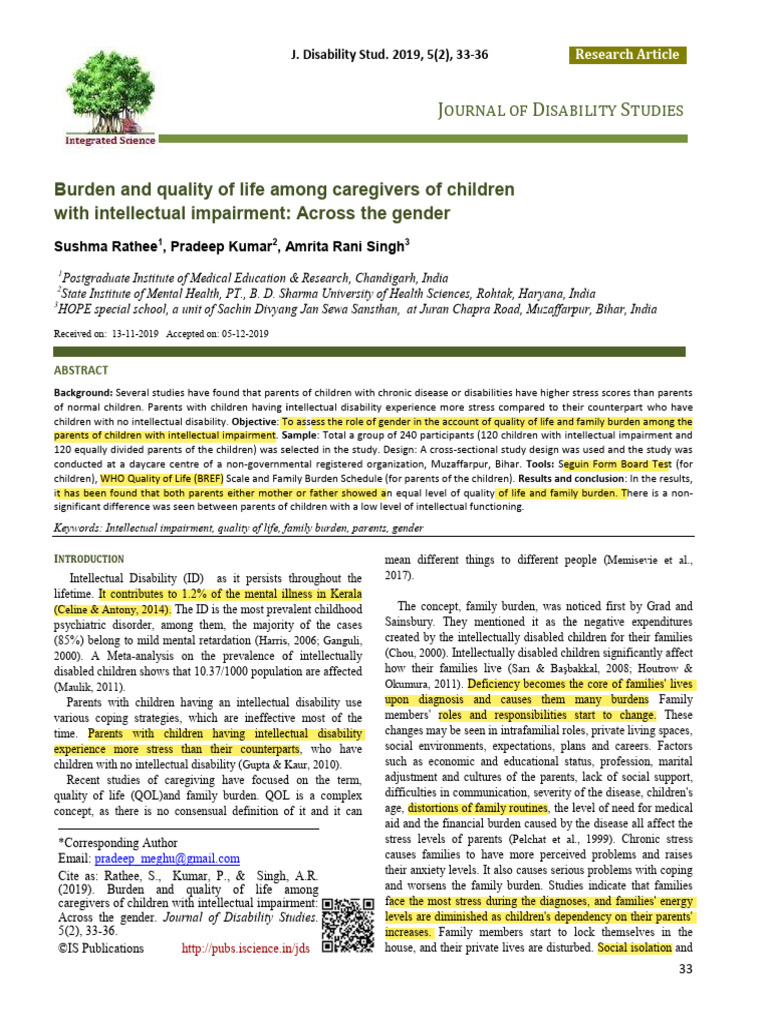 Burden and QOL Caregivers - Intellectually Disabled Children | PDF ...
