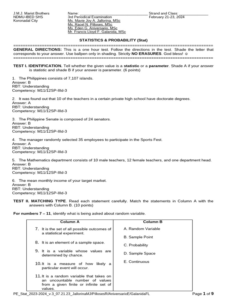 Final Midterm Exam For Stat 2024 | PDF | Probability Distribution | Variance