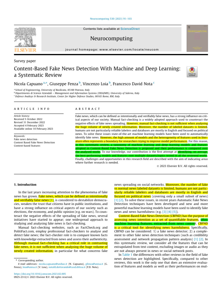 Content-Based Fake News Detection With Machine and Deep Learning | PDF ...