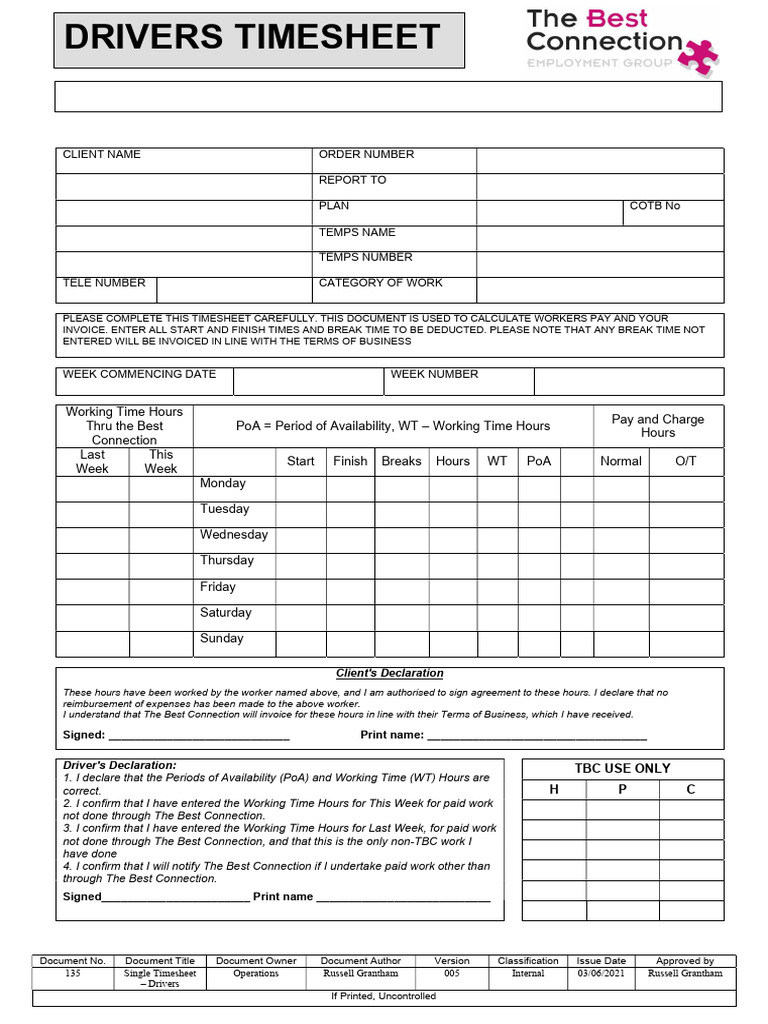 135 Driver Single Timesheet | PDF