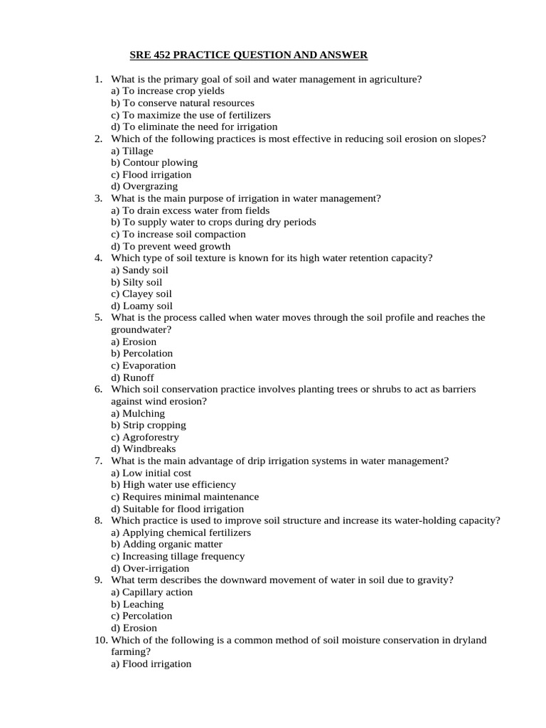 SRE 452 PRACTICE QUESTION AND ANSWER | PDF | Soil | Fertilizer