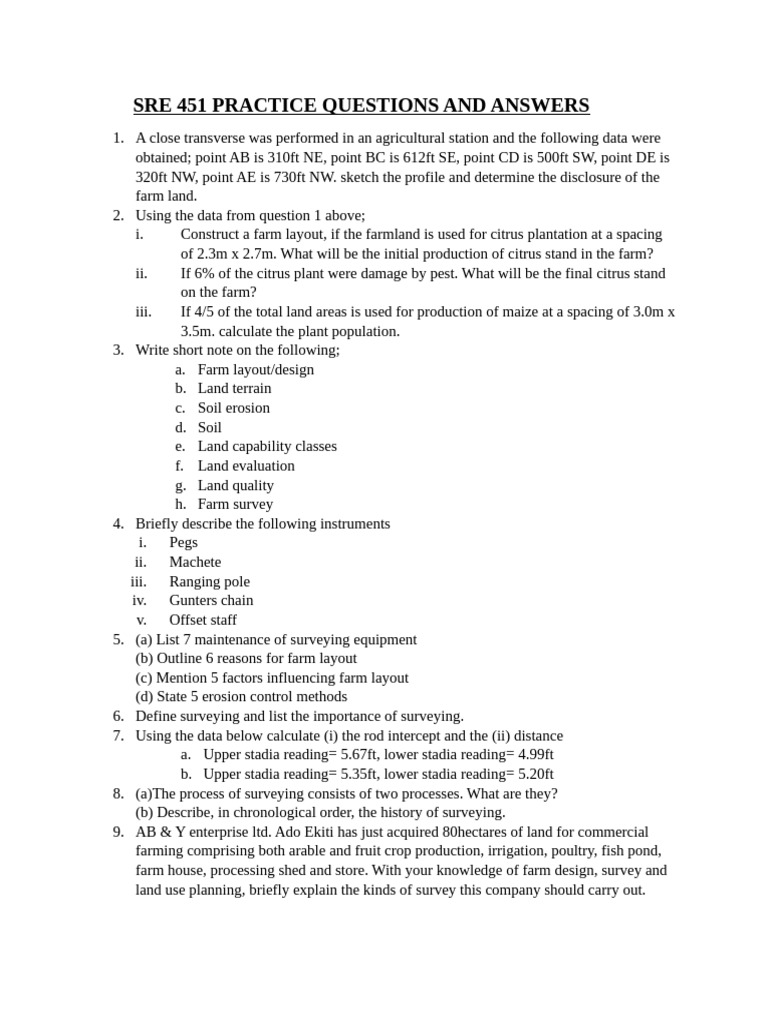 Sre 451 Practice Questions and Answers | PDF | Surveying | Soil
