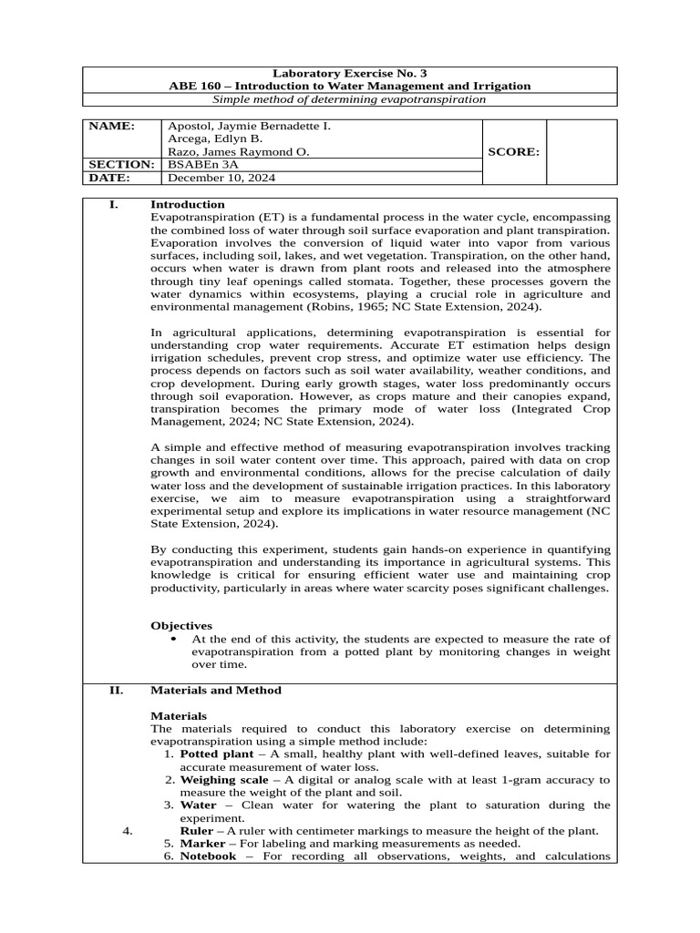 ABE160 Laboratory Exercise No 3 | PDF | Evapotranspiration | Earth Sciences
