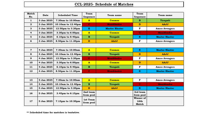 CCL-2025-Schedule of Matches | PDF