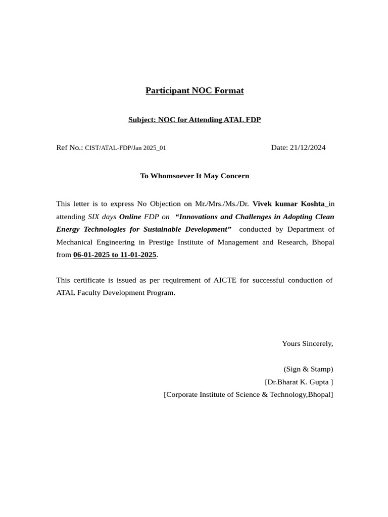 Participant NOC Format | PDF