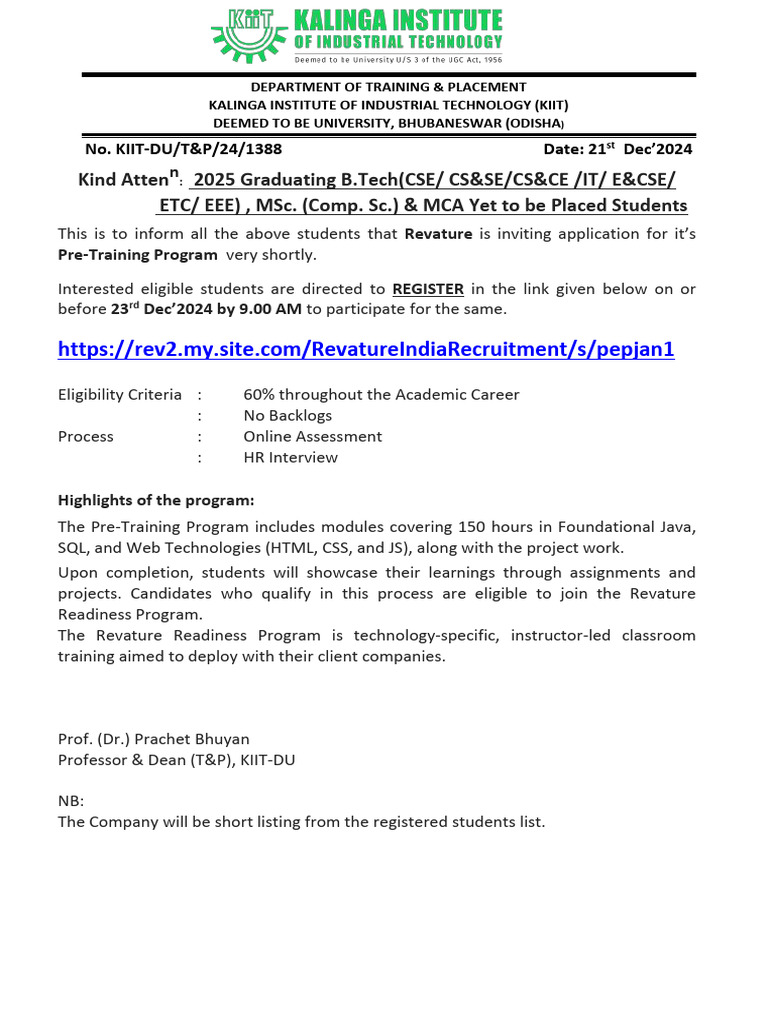 Revature Pre-Training Program for KIIT Students | PDF