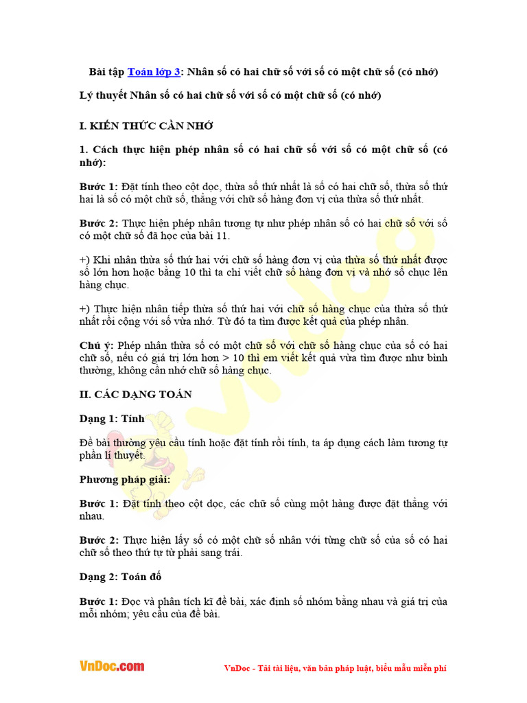 Bai Tap Toan Lop 3 Nhan So Co Hai Chu So Voi So Co Mot Chu So Co Nho | PDF