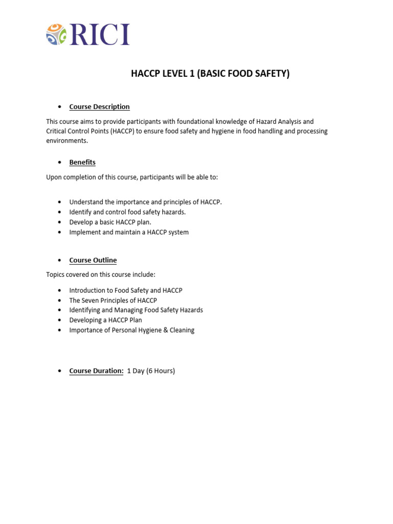 Training Course Outline - Basic Food Safety - HACCP Level 1 | PDF