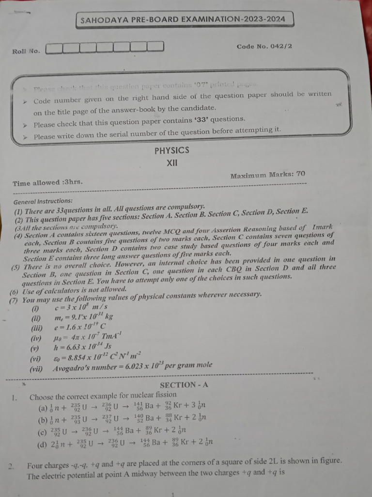 Physics Pre Board Question Paper | PDF | P–N Junction | Metrology