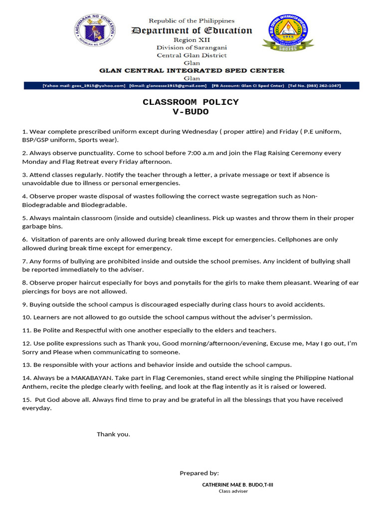 Classroom Behavior and Uniform Policy | PDF