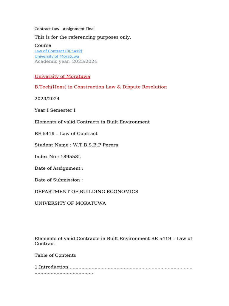 Contract Law - Assignment Final - Construction Law Dispute Resolution ...
