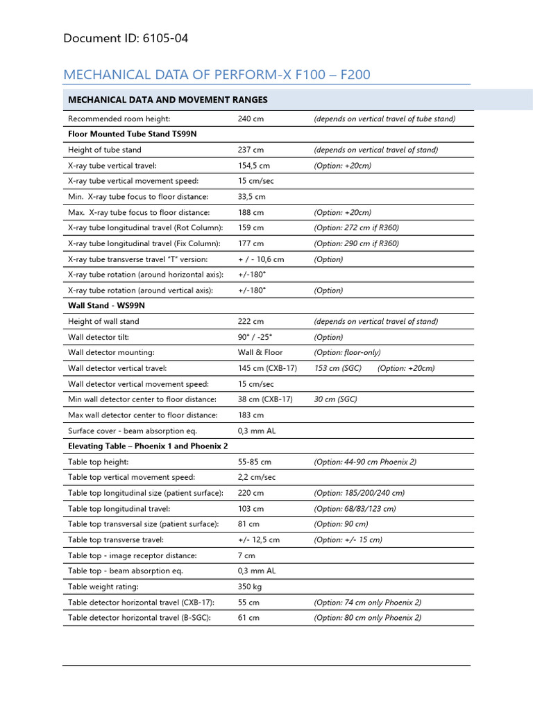 D-6105 - Mechanical Datasheet Perform-X F100-F200.a4gs.04 | PDF | X Ray