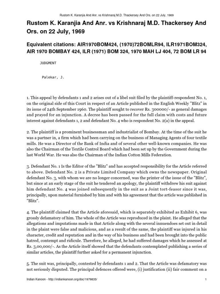 Rustom K Karanjia and Anr Vs Krishnaraj M D Thackersey and Ors On 22 ...