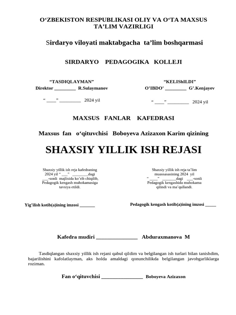 Shaxsiy Yillik Reja | PDF