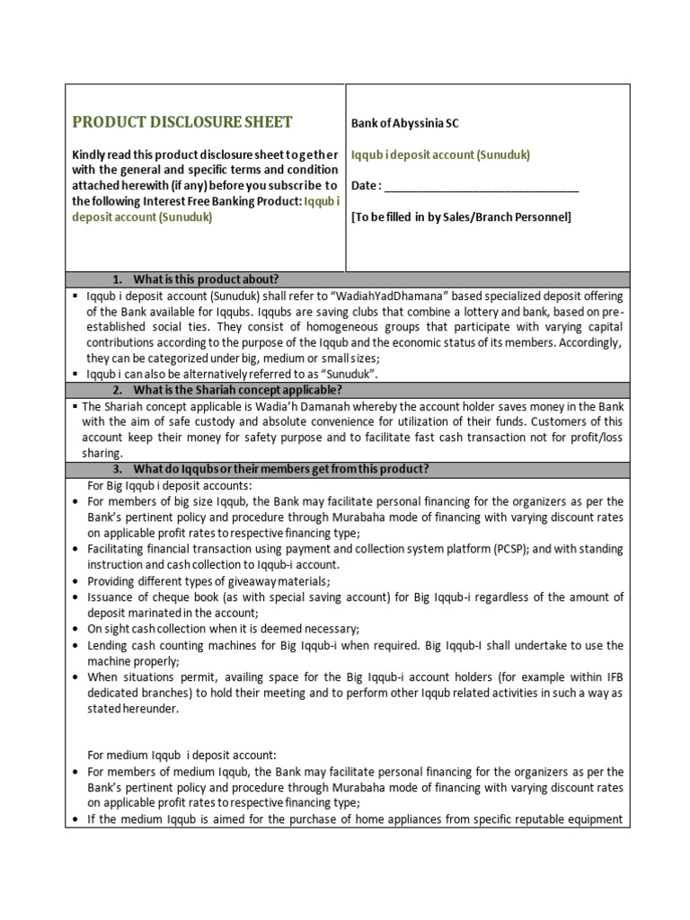 Product Disclosure Sheet: Iqqub I Deposit Account (Sunuduk) | PDF ...