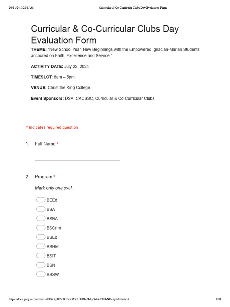 Curricular Co Curricular Clubs Day Evaluation Form Google Forms | PDF