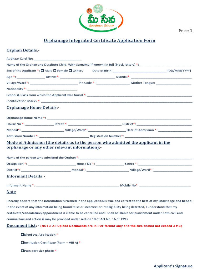 Orphanage Integrated Certificate Application Form | PDF