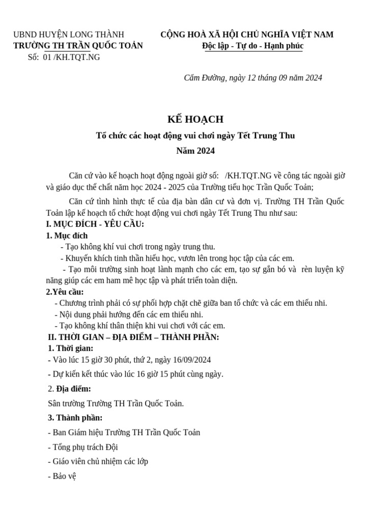 Kế Hoạch Trung Thu 2024 | PDF