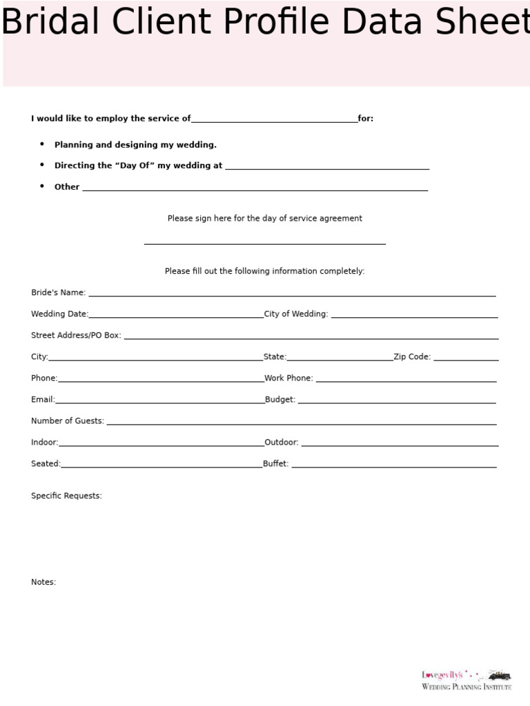 Bridal Client Profile Data Sheet | PDF | Wedding | Marriage