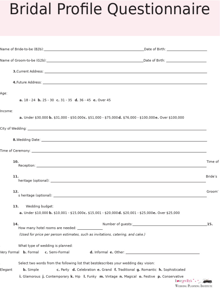 Bridal Profile Questionnaire | PDF | Wedding | Bridesmaid