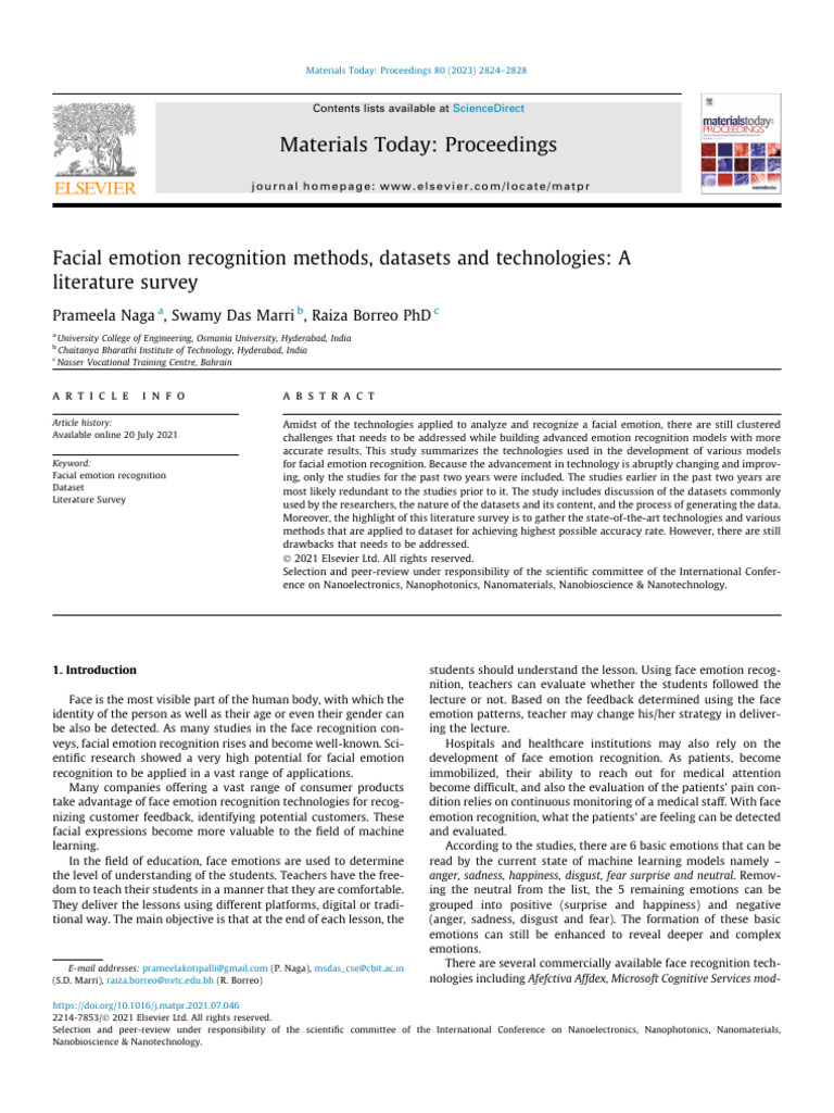 Facial emotion recognition methods, datasets and technologies A literature survey | PDF ...