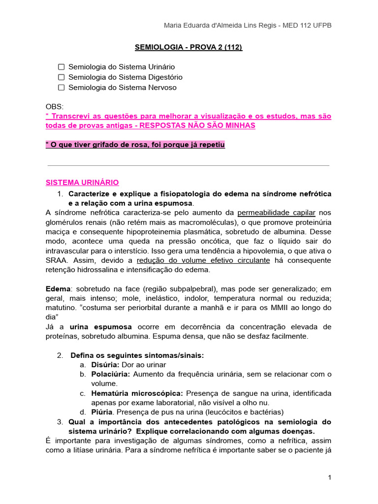 Provas Antigas (Compilado) - Prova 2 | PDF | Edema | Especialidades médicas