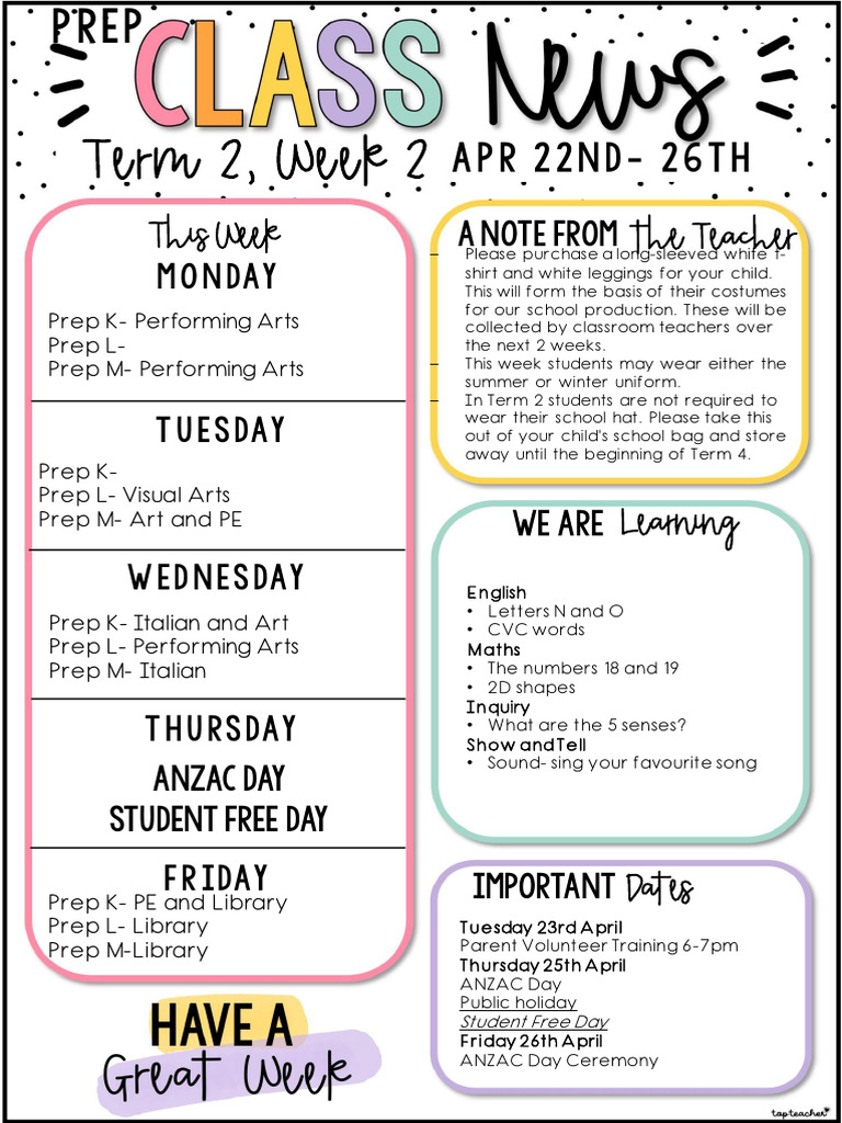 Term 2, Week 2 Prep Newsletter | PDF