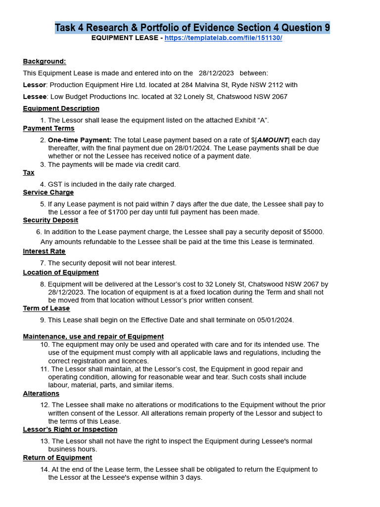 Task 4 Research Portfolio of Evidence Section 4 Question 9 | PDF | Lease | Indemnity