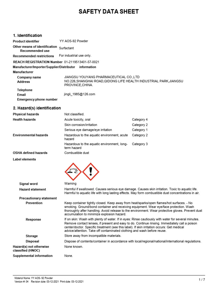 YY AOS-92 Powder Safety Data Sheet | PDF | Dangerous Goods | Toxicity