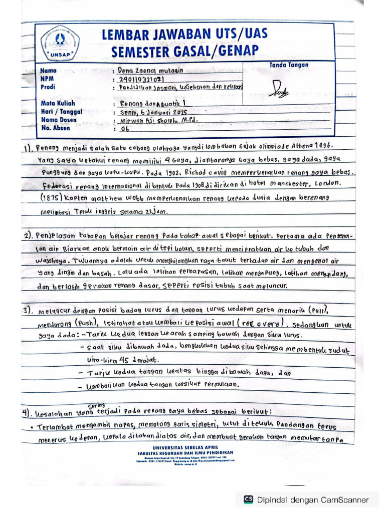 Dena Zaenal Mutaqin UAS Semester Gasal Matkul Renang | PDF
