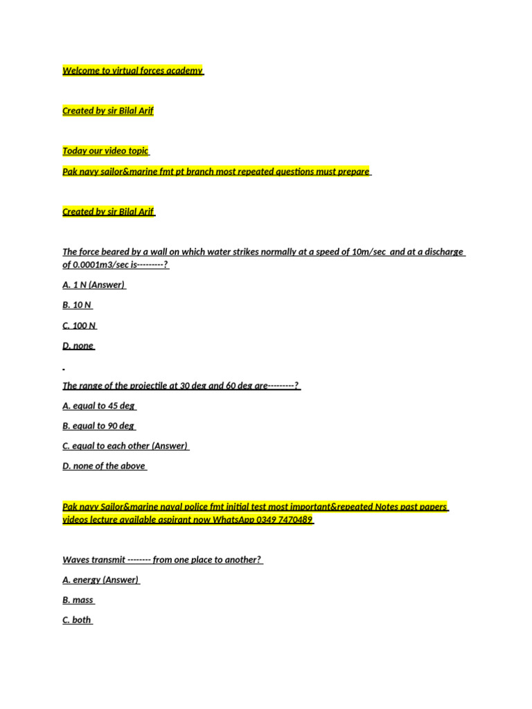 Sailor&Marine FMT Important Academic Must Prepare | PDF | Pakistan | Government Of Pakistan