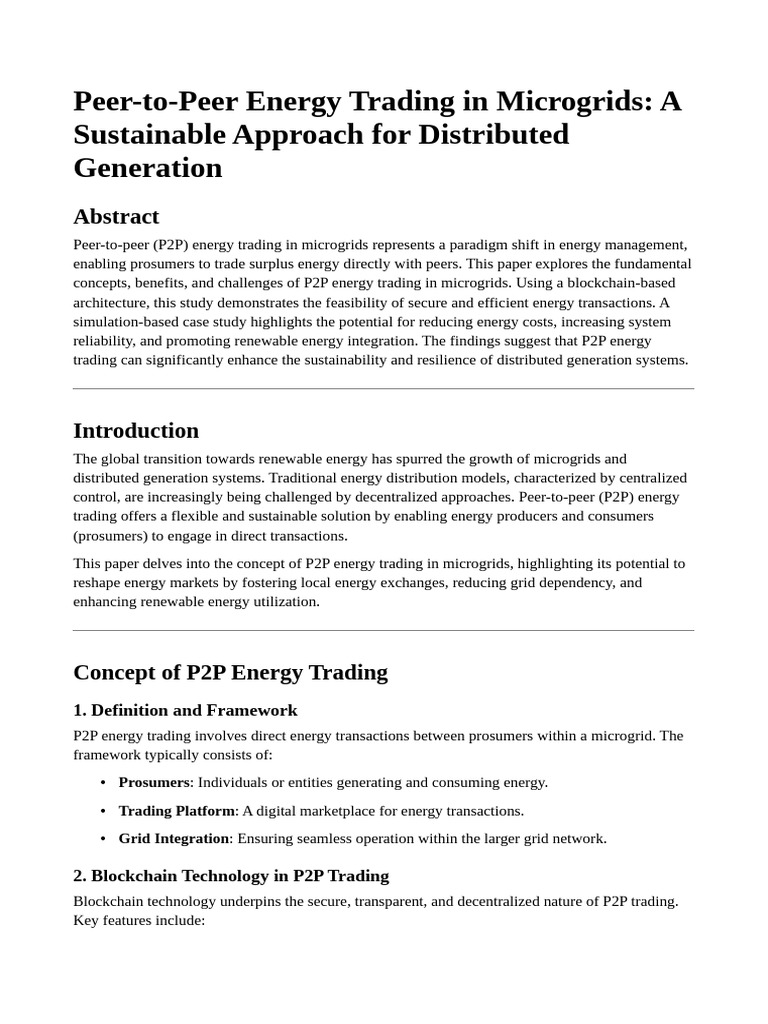 Peer-to-Peer Energy Trading in Microgrids: A Sustainable Approach for Distributed Generation ...