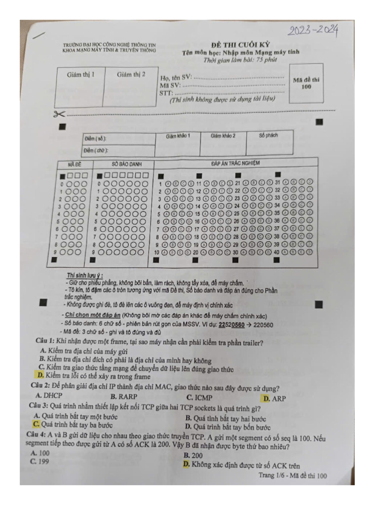 Đề thi CK 2023 2024 | PDF