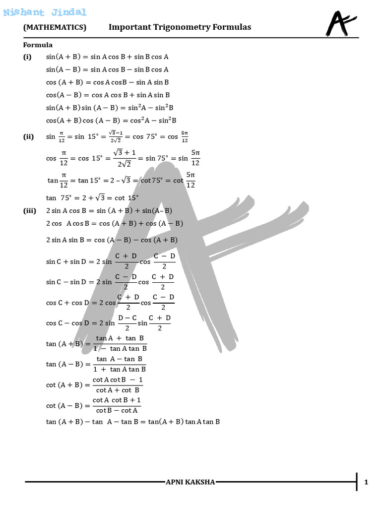 55 Important Trigonometry Formulas NJ - 247 | PDF