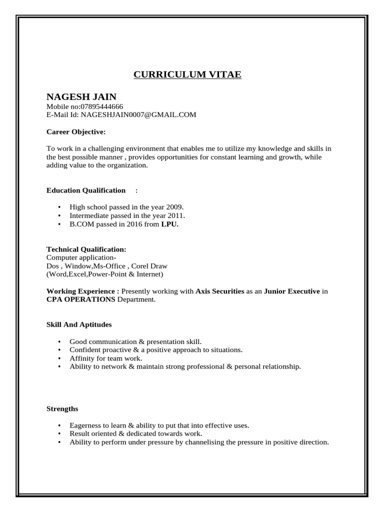 Curriculum Vitae Nagesh Jain: Career Objective | PDF