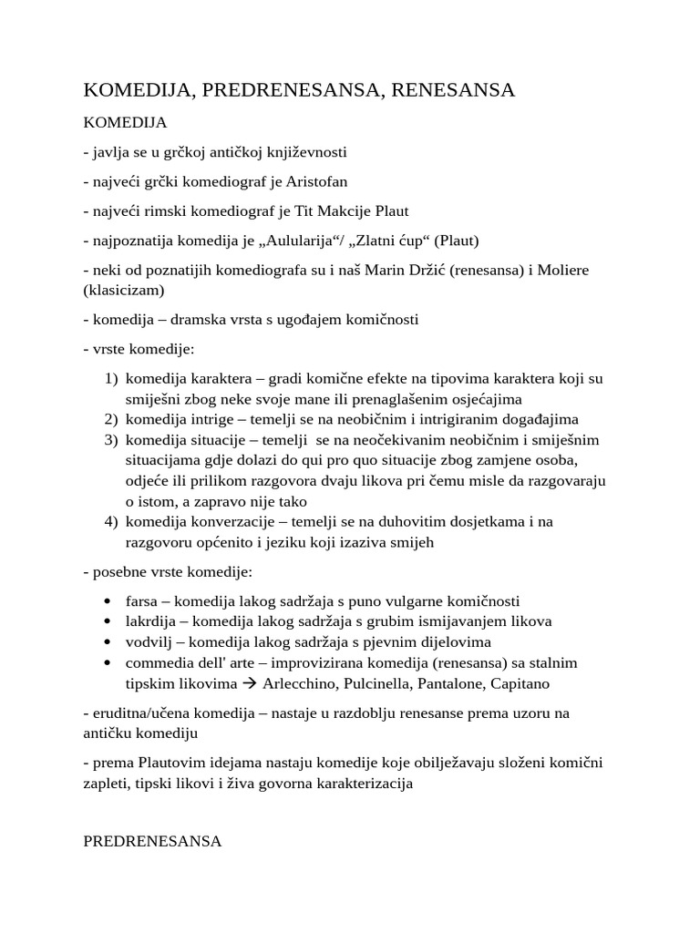 Renesansa, Predrenesansa, Komedija | PDF