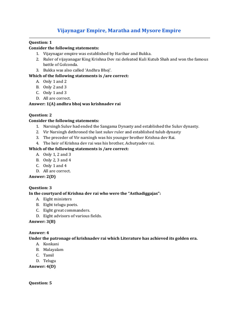 Vijaynagar, Maratha and Mysore Practice Questions | PDF