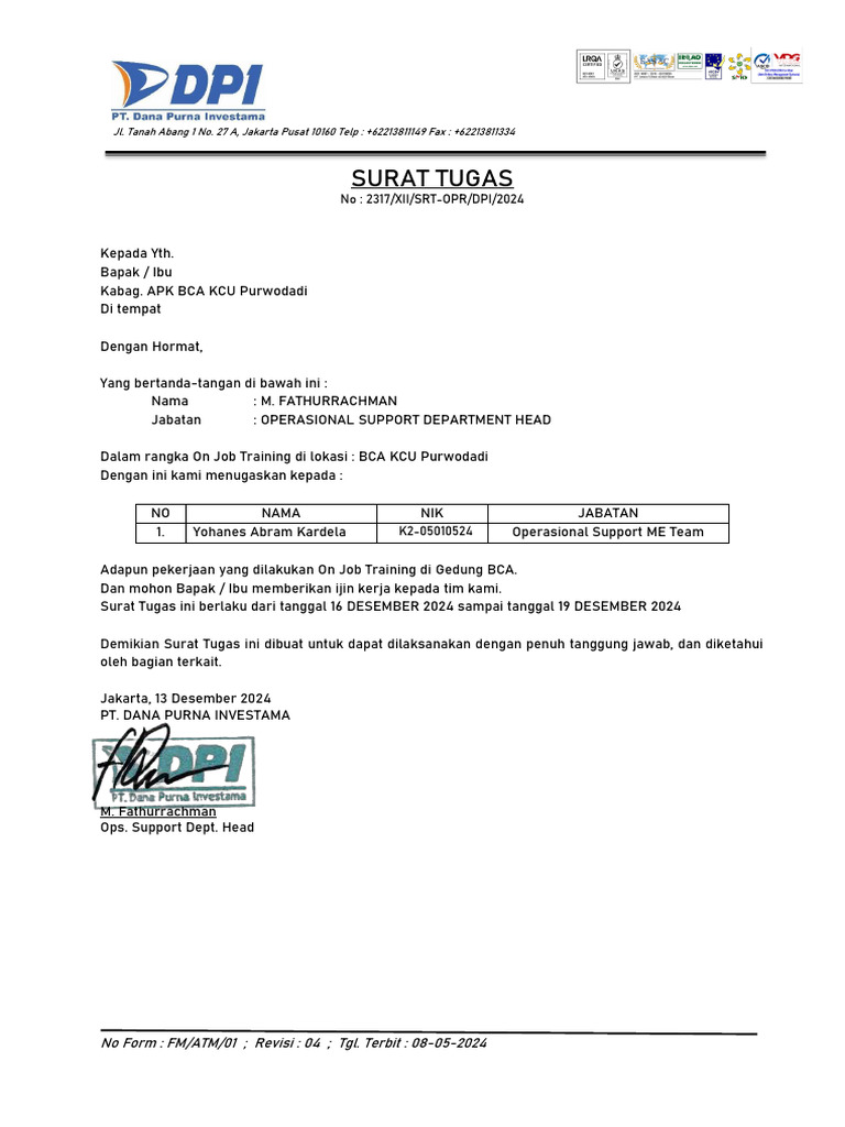 (2317) Surat Tugas Tim Ops. Support ME - Tujuan BCA KCU Purwodadi TGL ...
