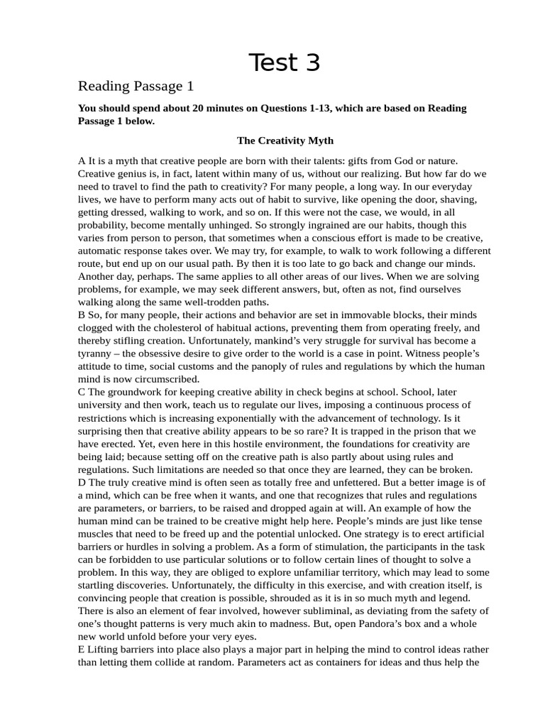 Ielts Reading Test 3 | PDF | Creativity | Mind