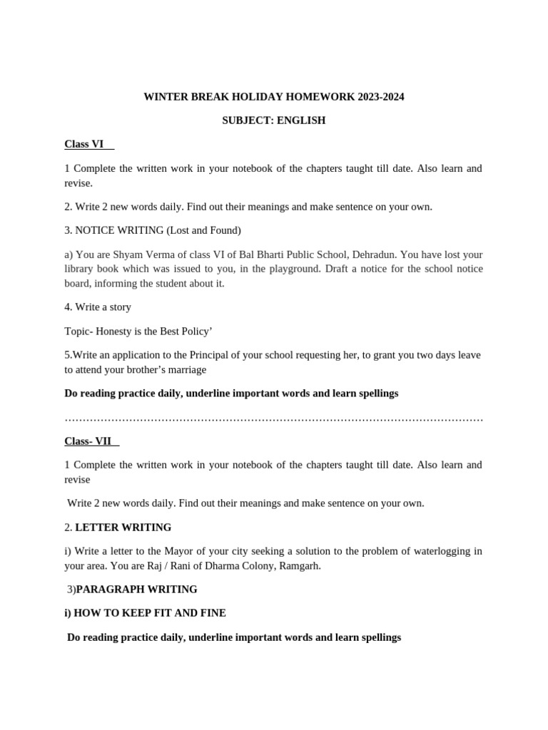 Winter Break English Homework Guide | PDF | Human Communication