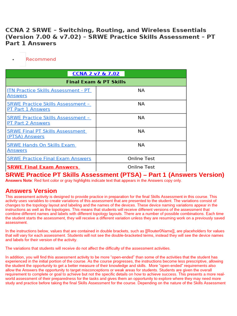 CCNA 2 SRWE Practice Assessment Answers | PDF | Computer Network | Router (Computing)