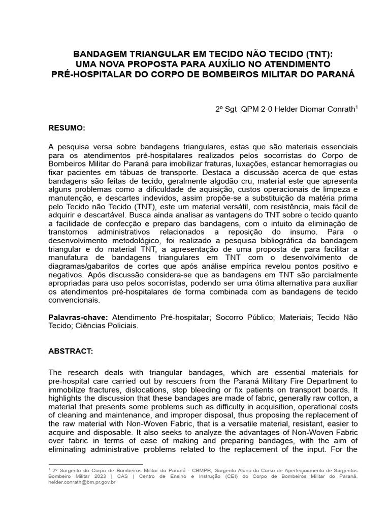 Bandagem Triangular em Tecido Não Tecido (TNT) - Uma Nova Proposta para Auxílio No Atendimento ...