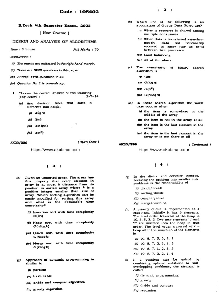 Btech Cse 4 Sem Design and Analysis of Algorithms 105402 2022 | PDF