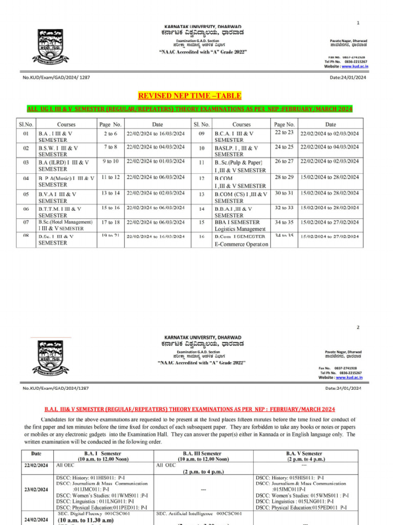 Revised All UG 1, 3 & 5 Semester NEP Time Table January-February 2024 | PDF