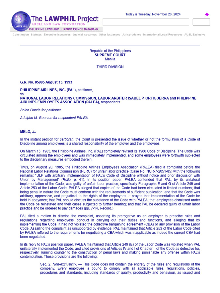 PAL vs. PALEA: Code of Discipline Dispute | PDF | Employment ...