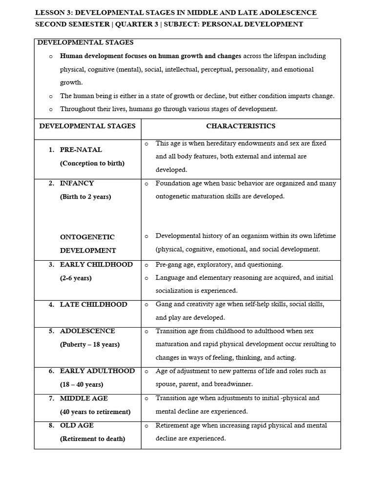 Lesson 3 - Developmental Stages | PDF | Developmental Psychology | Adolescence